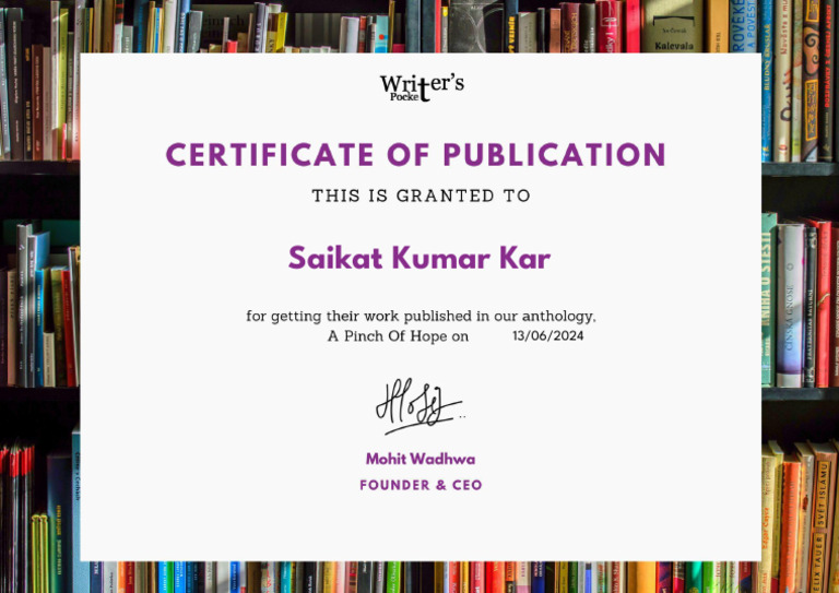 Certificate For A Pinch of Hope - Saikat Kumar Kar | PDF