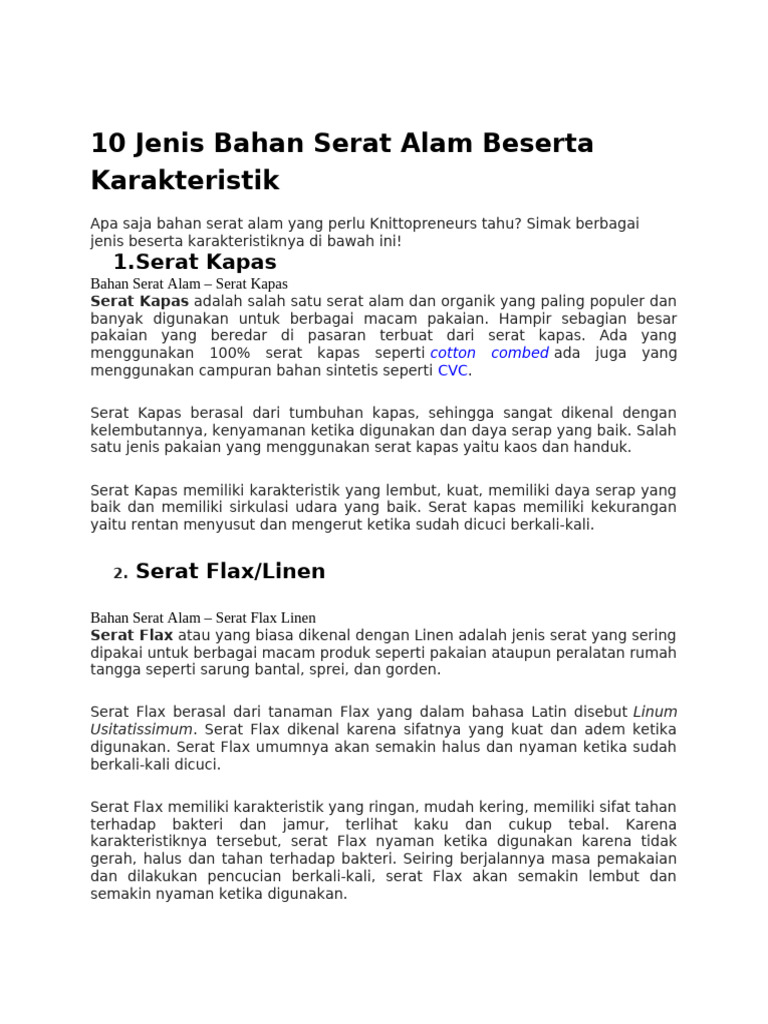 10 Jenis Bahan Serat Alam Beserta Karakteristik | PDF