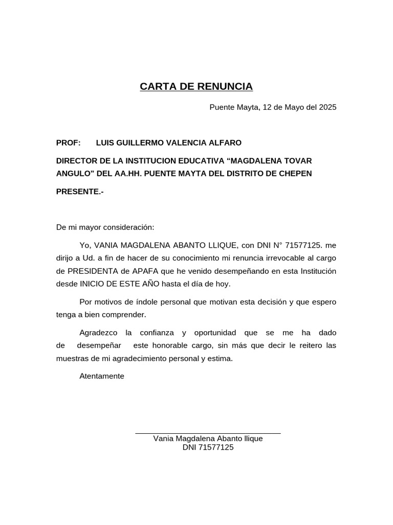 Carta de Renuncia - Apafa | PDF