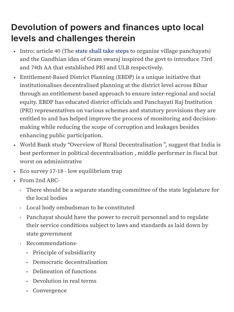 Devolution Of Powers And Finances Upto Local Levels And Challenges Therein Pdf Government