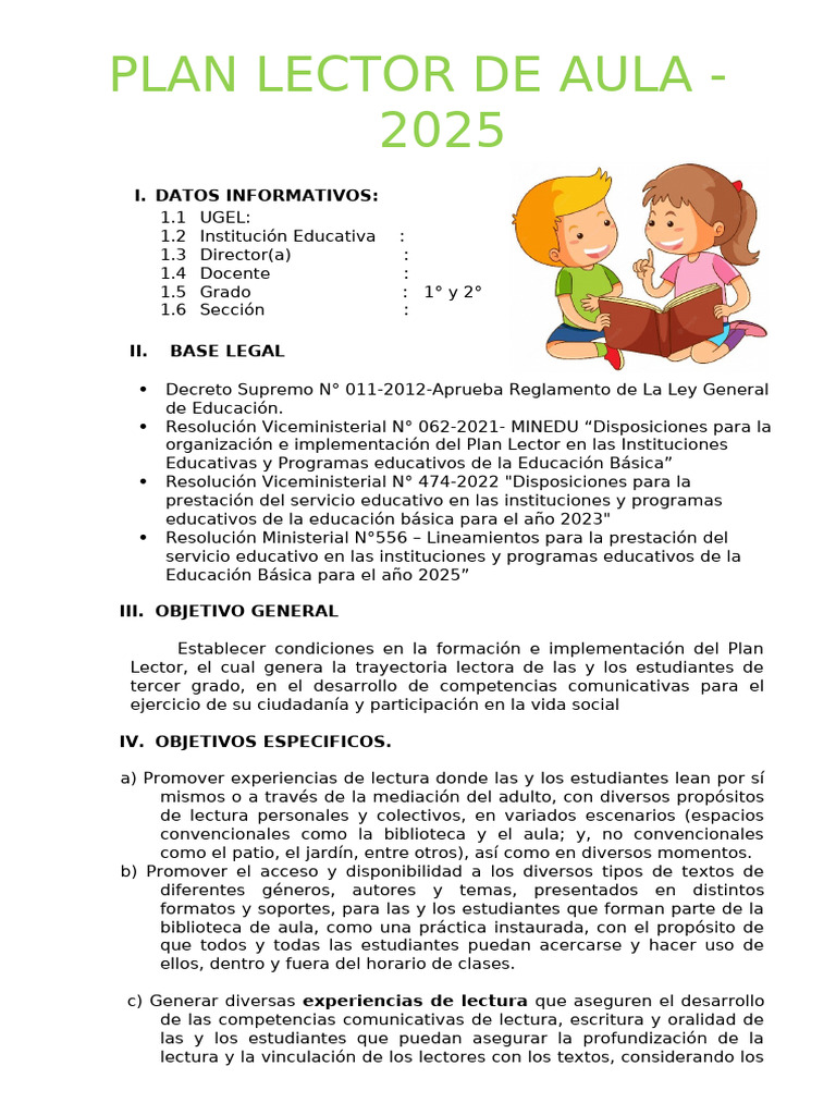Plan Lector 2025 para Primeros Grados | PDF | Salón de clases | Maestros