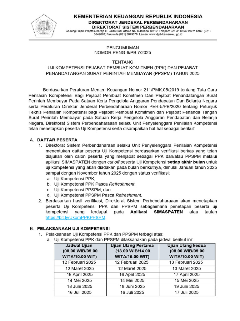 Pengumuman Uji Kompetensi PPK Dan PPSPM | PDF