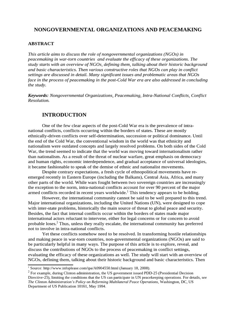 NGOs in Peacemaking: Roles and Challenges | PDF | Non Governmental ...