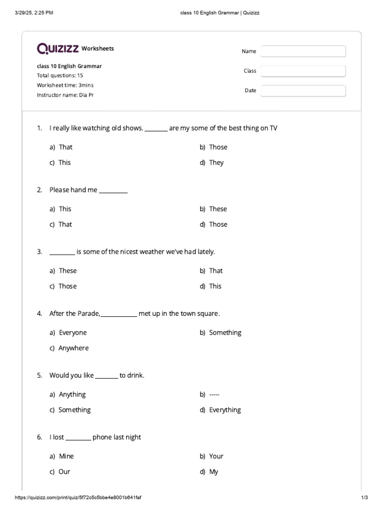 Class 10 English Grammar - Quizizz | PDF