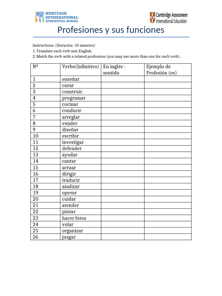 Spanish_Verbs_Professions_Worksheet | PDF
