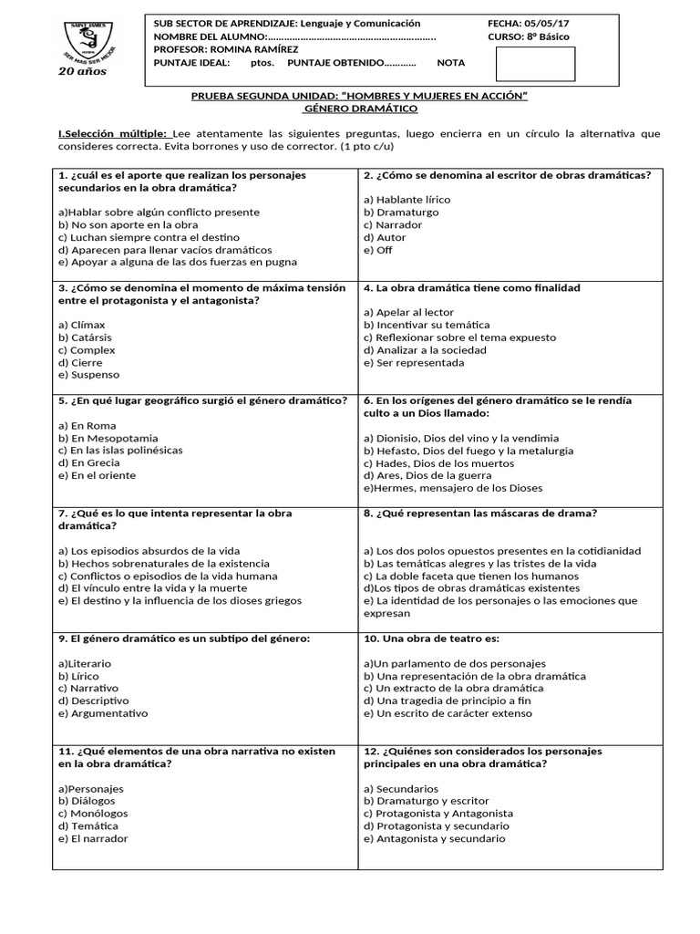 Prueba Genero Dramatico | PDF | Teatro | Tragedia