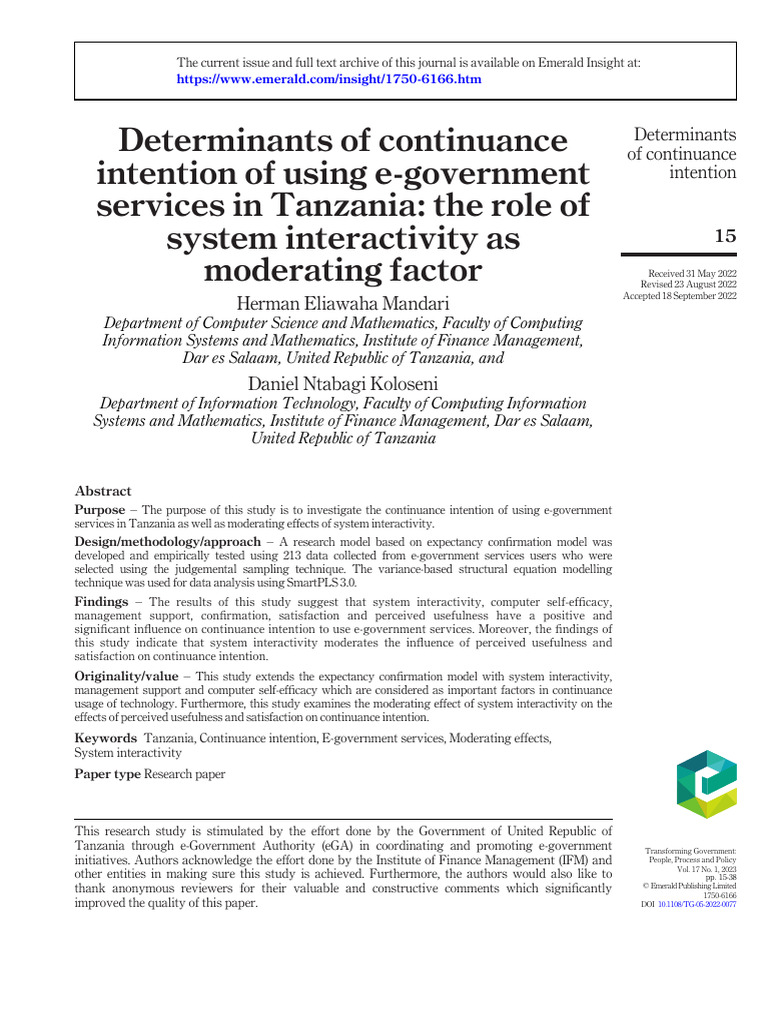 Determinants of Continuance Intention of Using E-Government Services in Tanzania The Role of ...