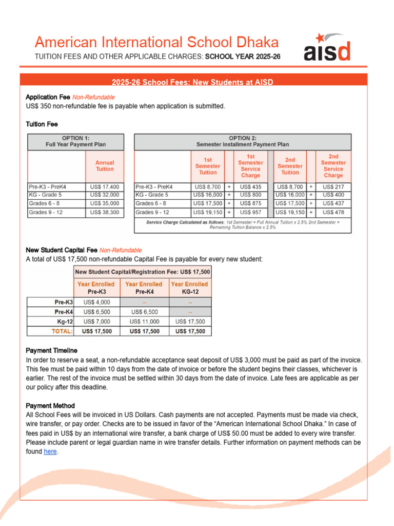 American International School Dhaka: 2025-26 School Fees: New Students at AISD | PDF