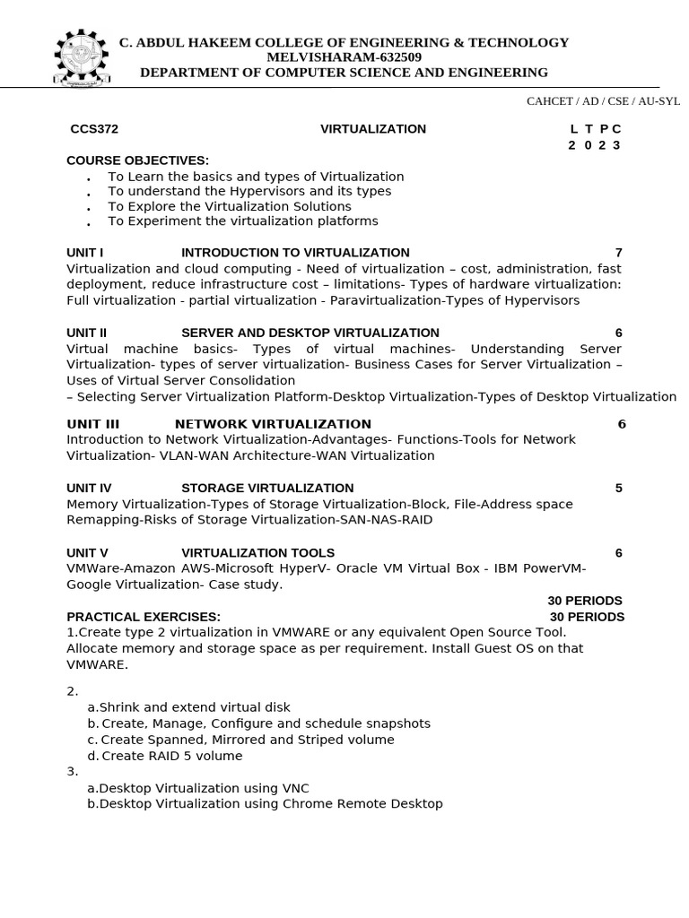 Ccs372 Virtualization Syllabus Pdf Virtualization Virtual Machine