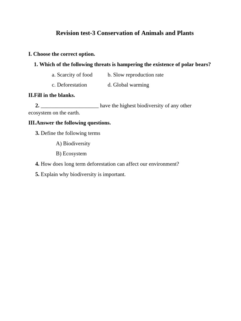 Class 8, Revision Test-3 Conservation of Animals and Plants | PDF