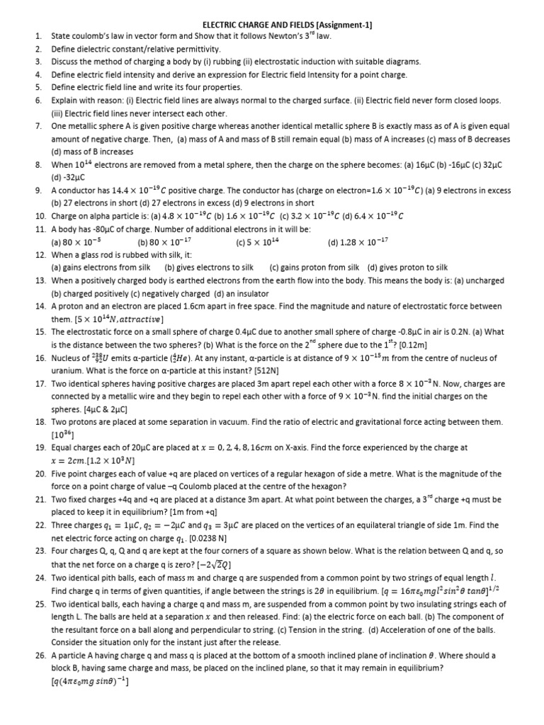 Electric Charges & Fields Assignment-1 | PDF | Electric Field ...