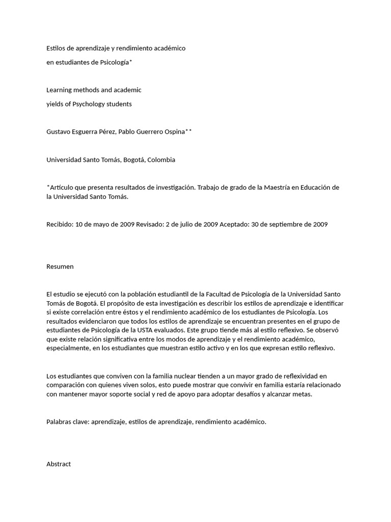 Estilos de Aprendizaje y Rendimiento Académico | PDF | Aprendizaje | Cognición
