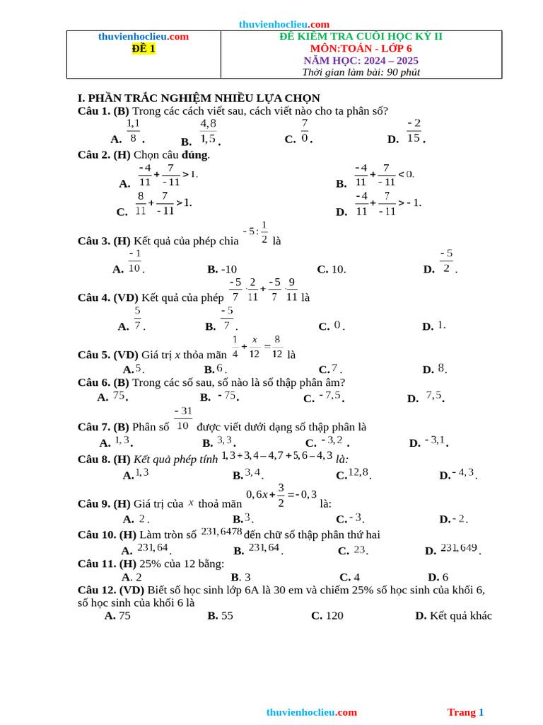 Bo 15 de Kiem Tra Cuoi HK2 Toan 6 CTM 2025 Co Dap An Ma Tran Dac Ta | PDF
