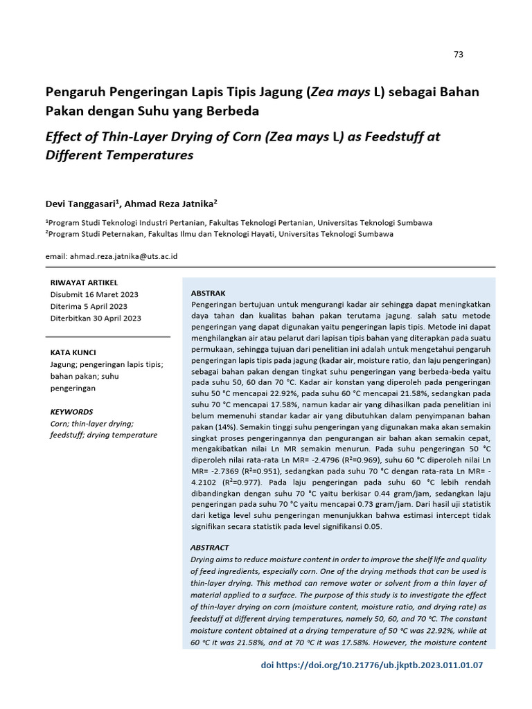 JKPTB: Pengaruh Pengeringan Lapis Tipis Jagung (L) Sebagai Bahan Pakan ...