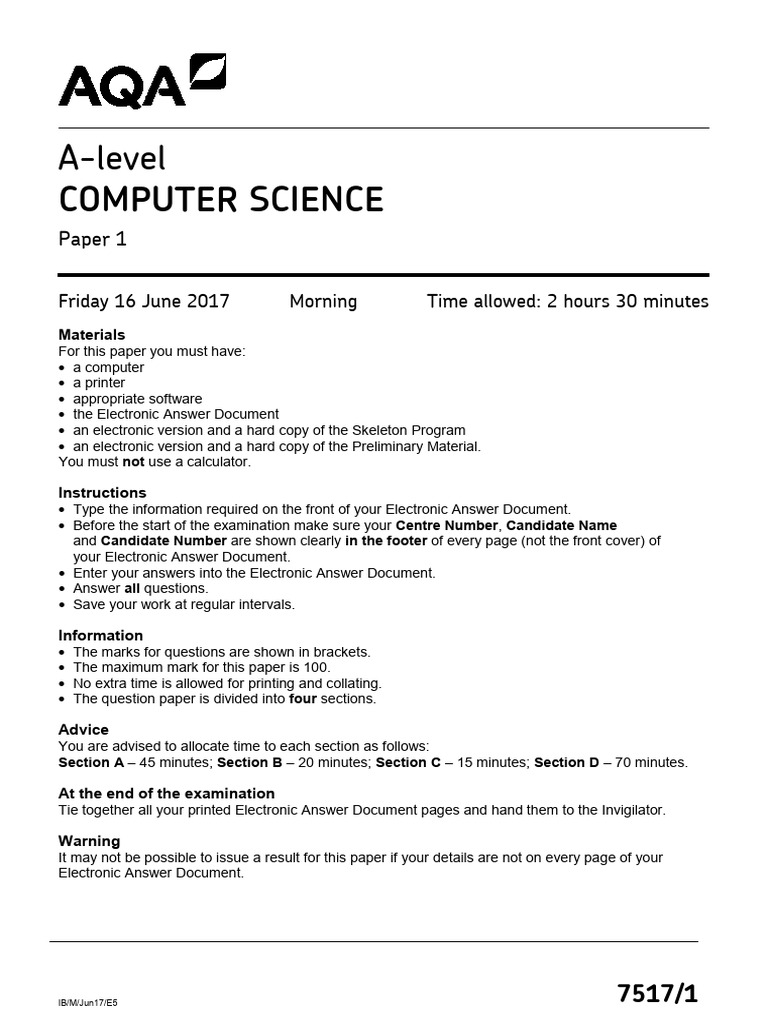 June 2017 QP - Paper 1 AQA Computer Science A-level | PDF | Time Complexity | Applied Mathematics