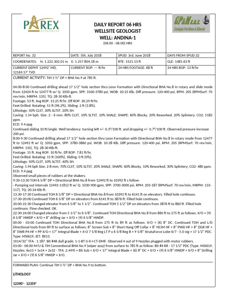 Andina-1 - 06horas Wellsite Report - 32 | PDF