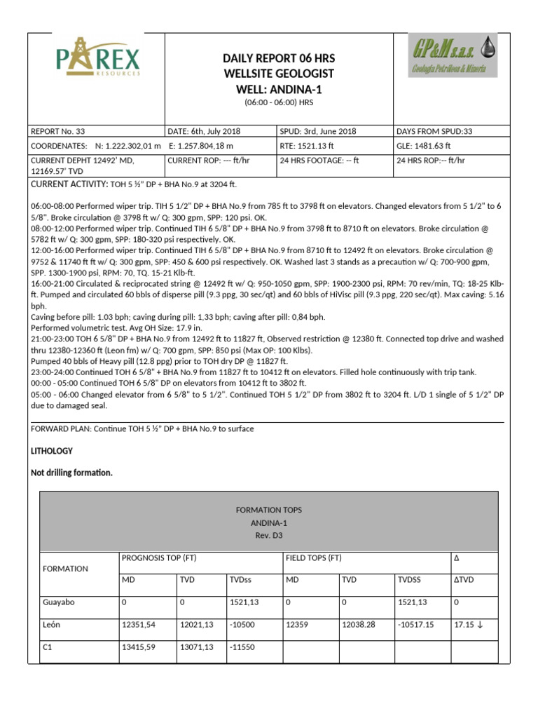 Andina-1 - 06horas Wellsite Report - 33 | PDF