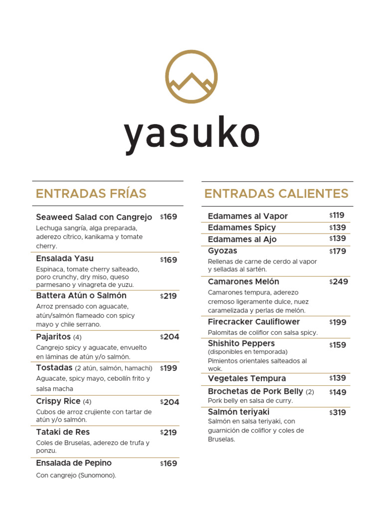 Menú Yasuko Entradas Y Rollos Pdf Alimentos Cocina
