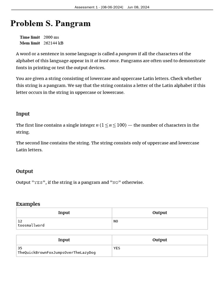 Problem S. Pangram: 2000 Ms 262144 KB | PDF