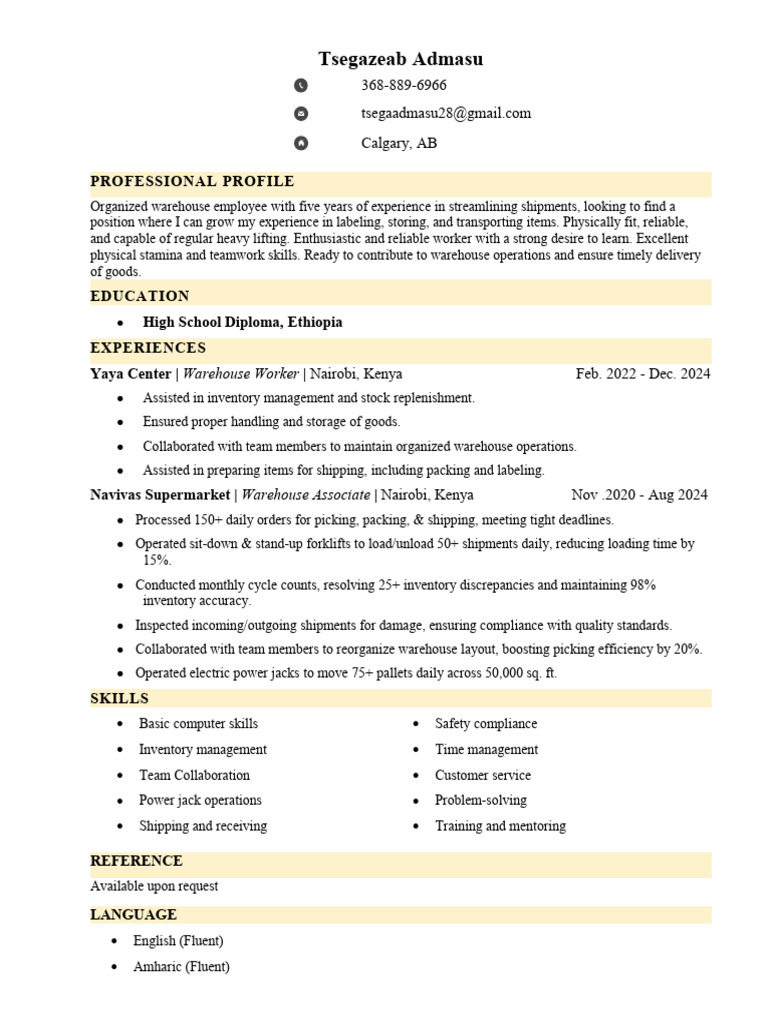 Tsegazeab Admasu Warehouse Resume | PDF