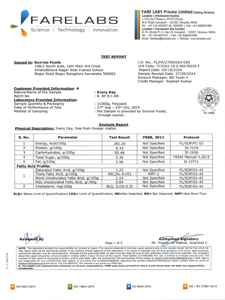Test Report for Sunrise Foods Sample | PDF | Chemical Substances