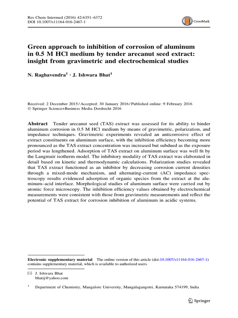 IMPORTANT Green Approach To Inhibition of Corrosion of Aluminum in 05M HCL Medium by Tender ...
