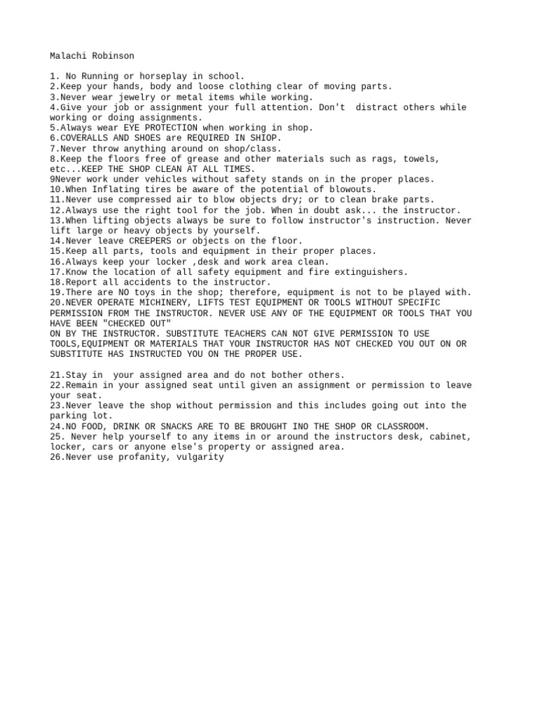 Shop Safety Rules and Guidelines | PDF