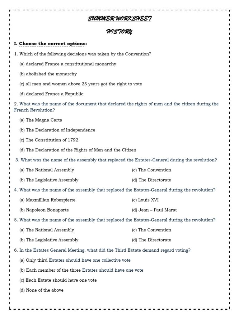 SUMMER WORKSHEET - CLASS IX (HISTORY) | PDF