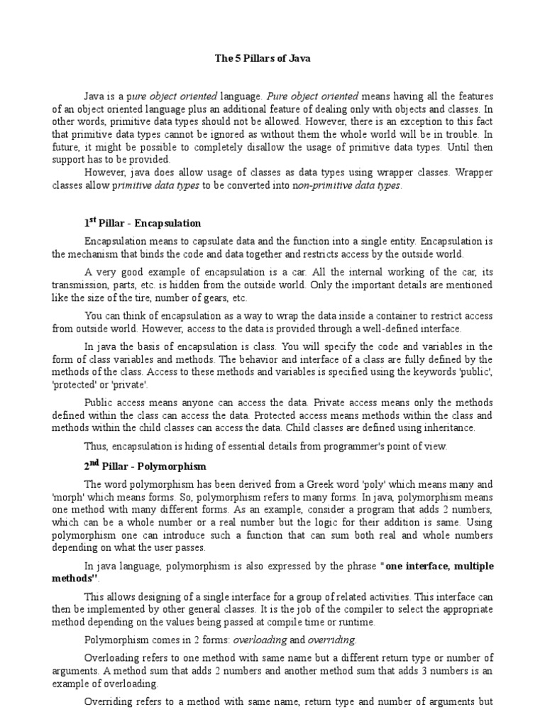 The Five Pillars of Java | PDF | Method (Computer Programming) | Class (Computer Programming)