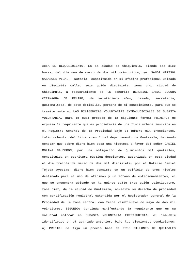 Acta de Requerimiento Tarea de Notarial | PDF | Subasta | Guatemala