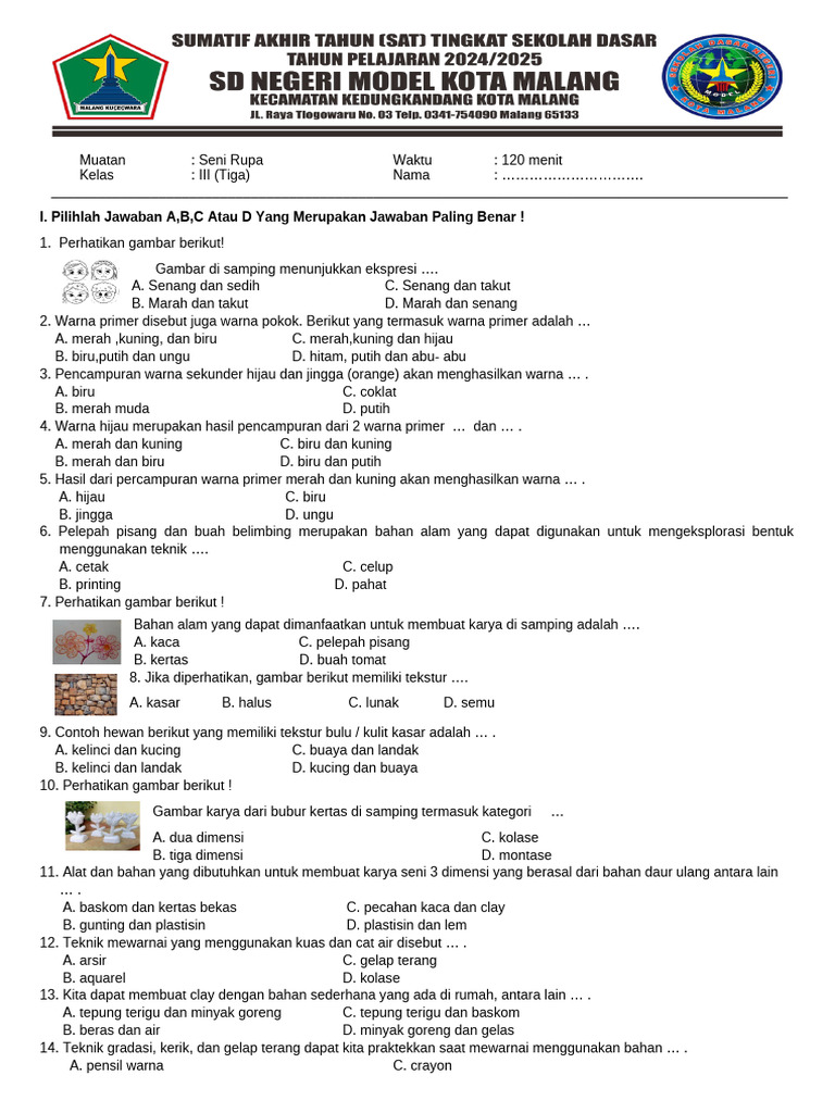 Soal Aas Seni Rupa Kelas 3 - Fix | PDF