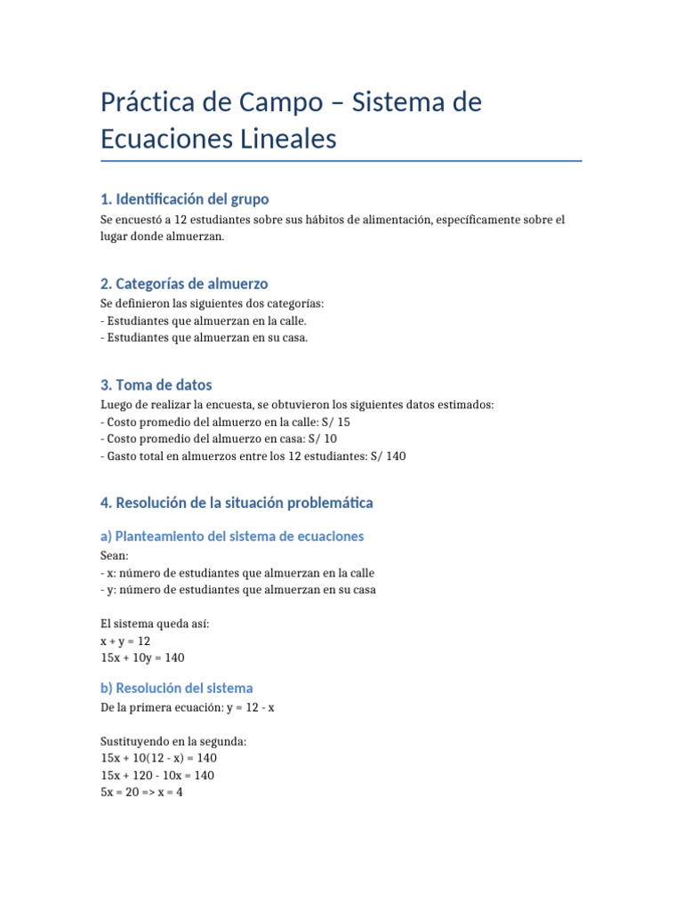 Practica de Campo Sistema de Ecuaciones | PDF