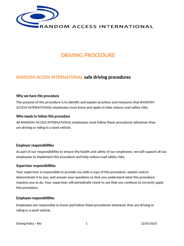 RSAW Safe Driving Procedures Template | PDF | Traffic | Driving