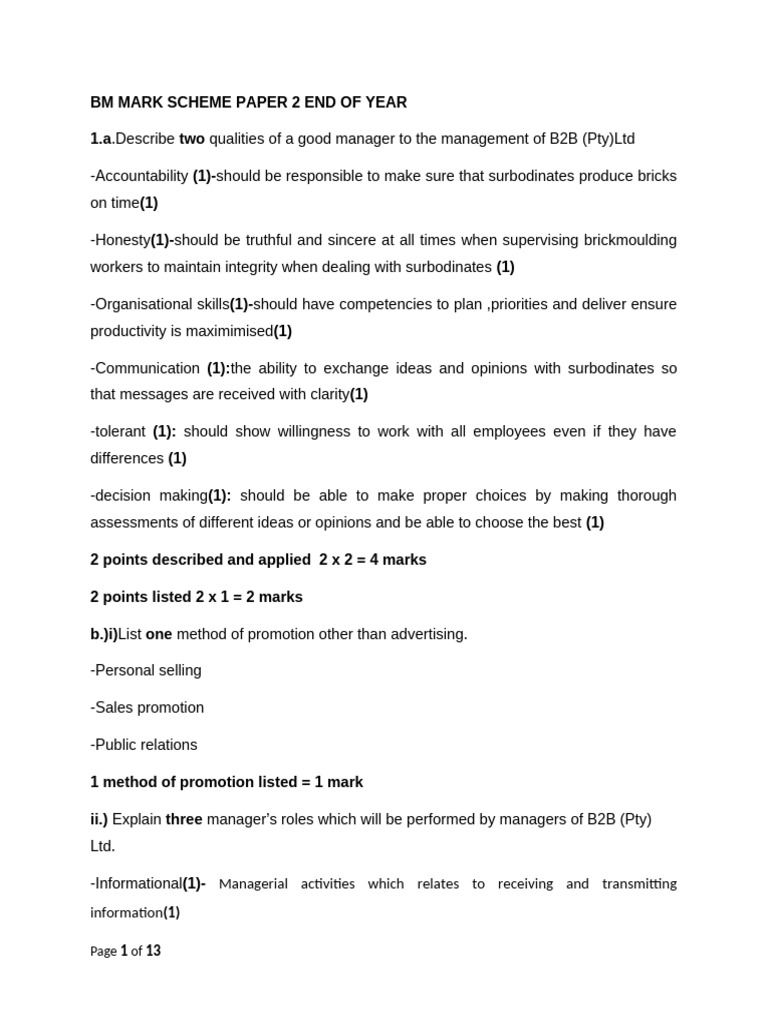 BM Mark Scheme Paper 2 End of Year | PDF | Motivation | Motivational