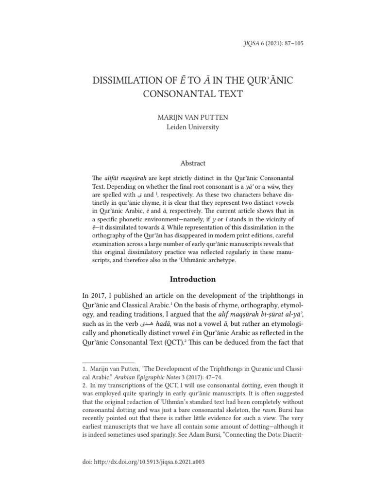 Dissimilation of Ē To Ā in The Qur Ānic Consonantal Text - Van Putten ...