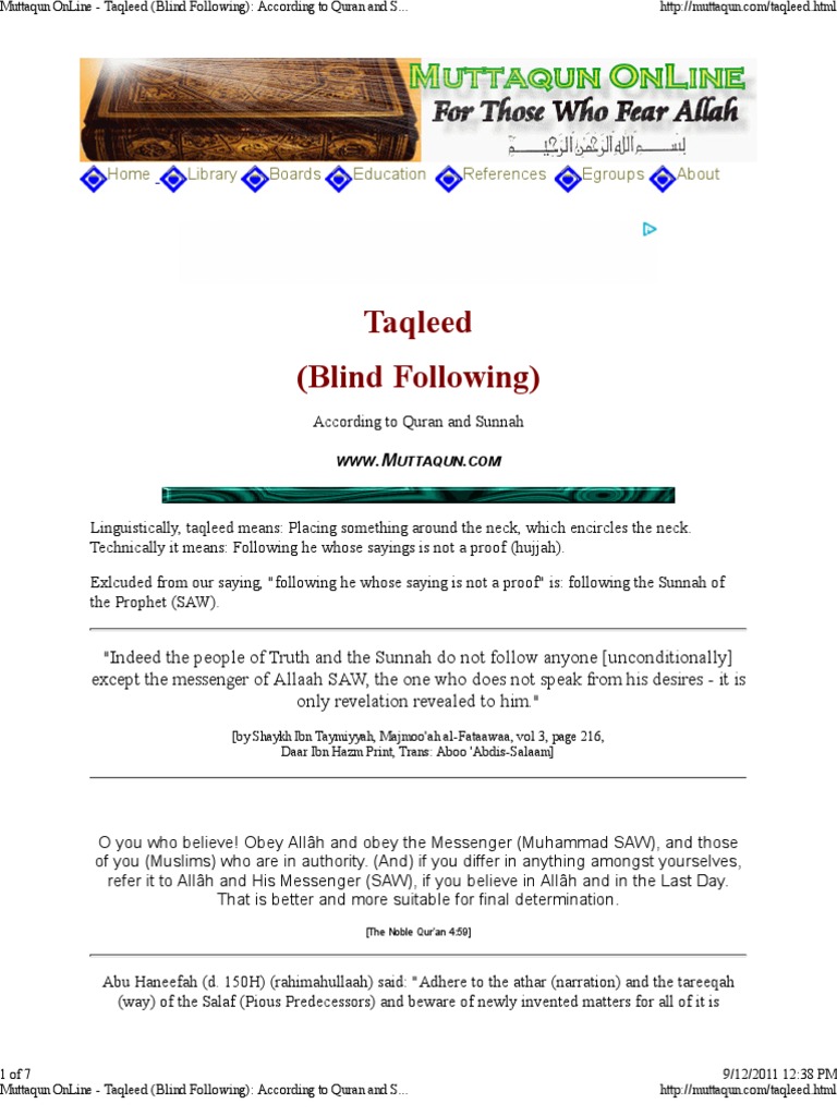 Muttaqun OnLine - Taqleed (Blind Following) - According To Quran and ...