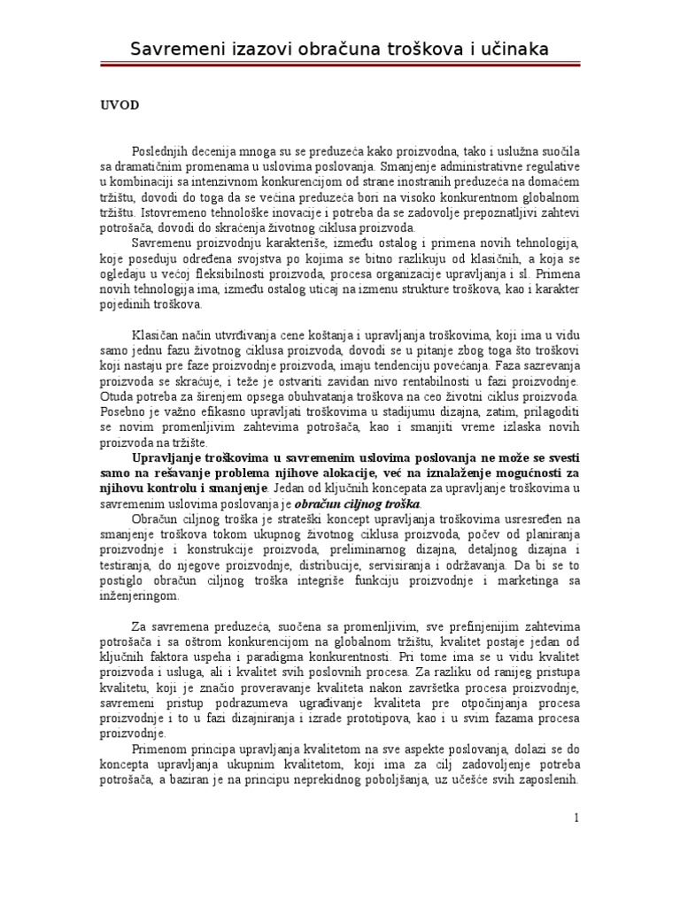 Savremeni Sistemi Obracuna Troskova | PDF