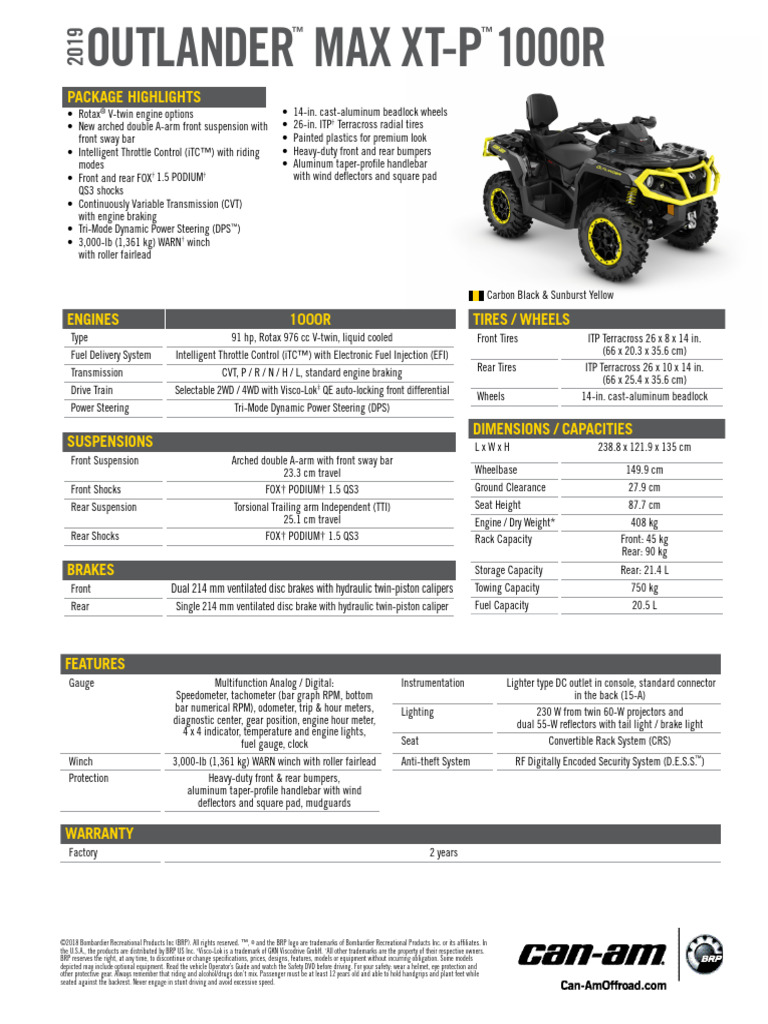 2019 Outlander MAX XT-P 1000R Specs | PDF | Motor Vehicle | Automotive ...