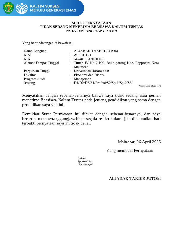 Surat Pernyataan BKT | PDF