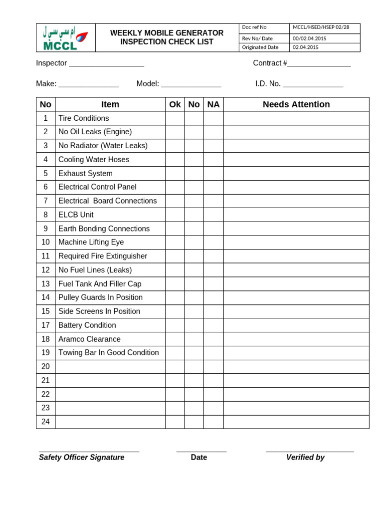 28.weekly Mobile Generator Weekly Inspection Check List | PDF