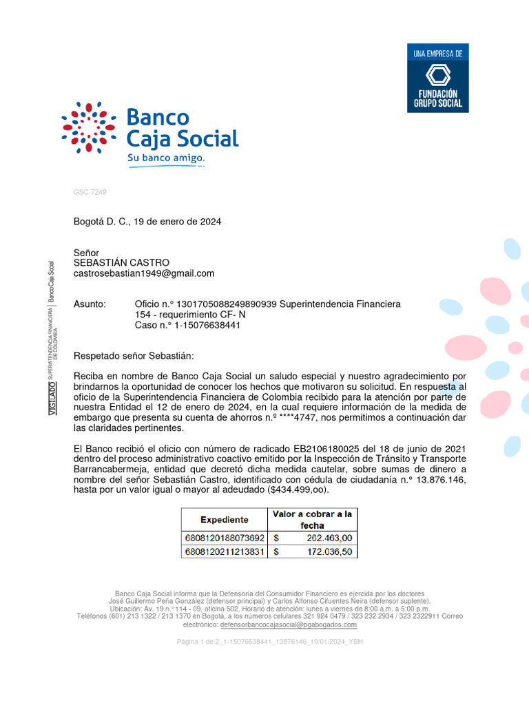 Cuenta Embargada Caja Social | PDF