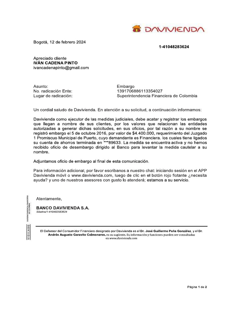Cuenta Embargada Davivienda | PDF