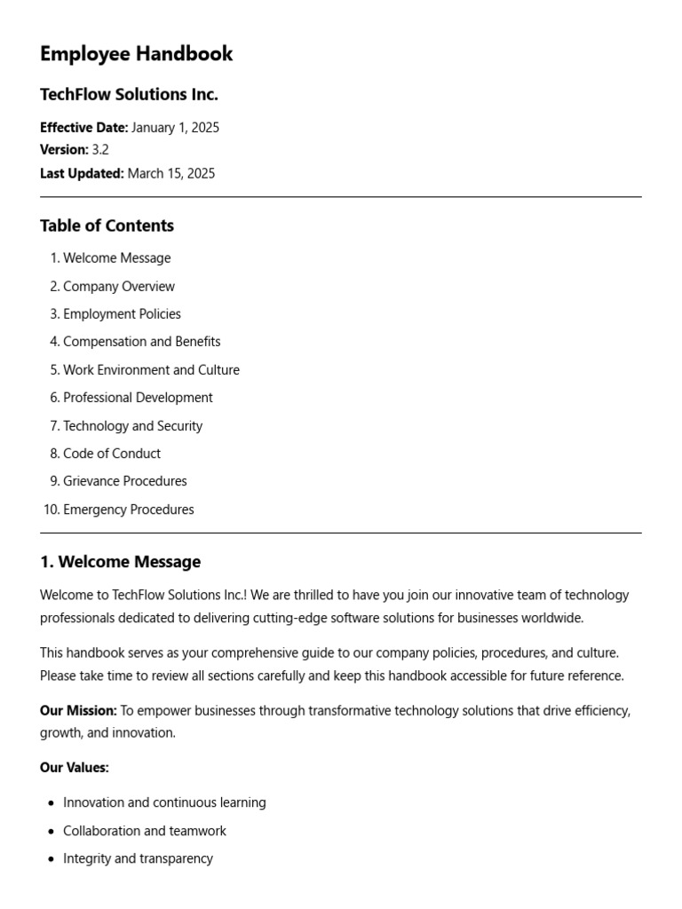 Employee Handbook - TechFlow Solutions Inc | PDF | Employment | Insurance