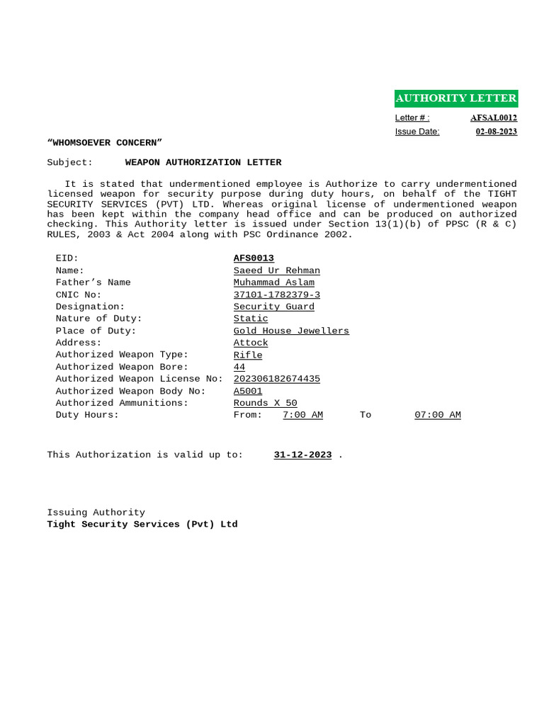 Weapon Authorization Letter for Security | PDF