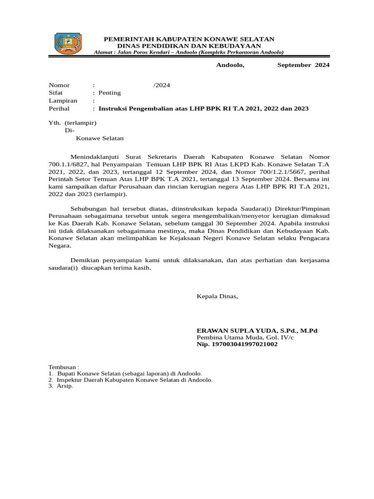 Surat Tindaklanjut Temuan BPK Ri 2021, 2022, & 2023 | PDF