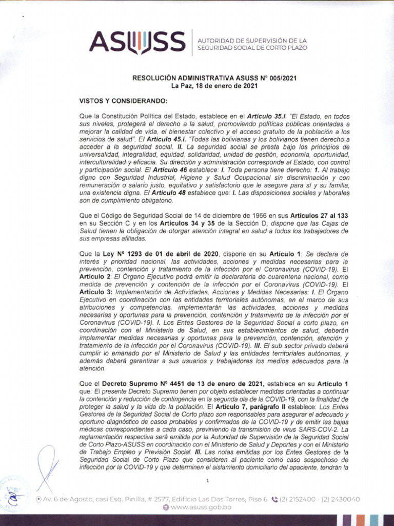 03-Resolución-Administrativa-ASUSS-N°-005-2021-Bajas-Medicas COVID | PDF