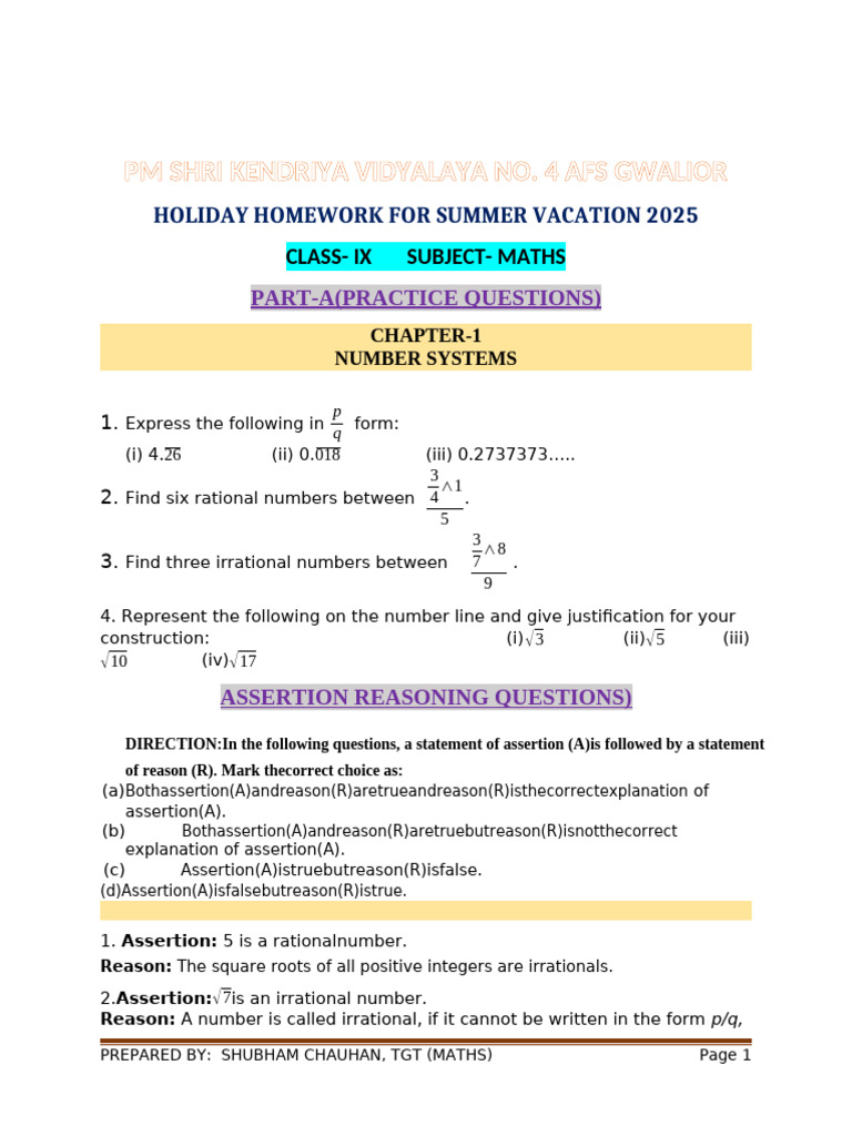 Share MATHS - HOLIDAY - HW - FOR - SUMMER - VACATION - 2025 - CLASS - IX | PDF | Square Root ...