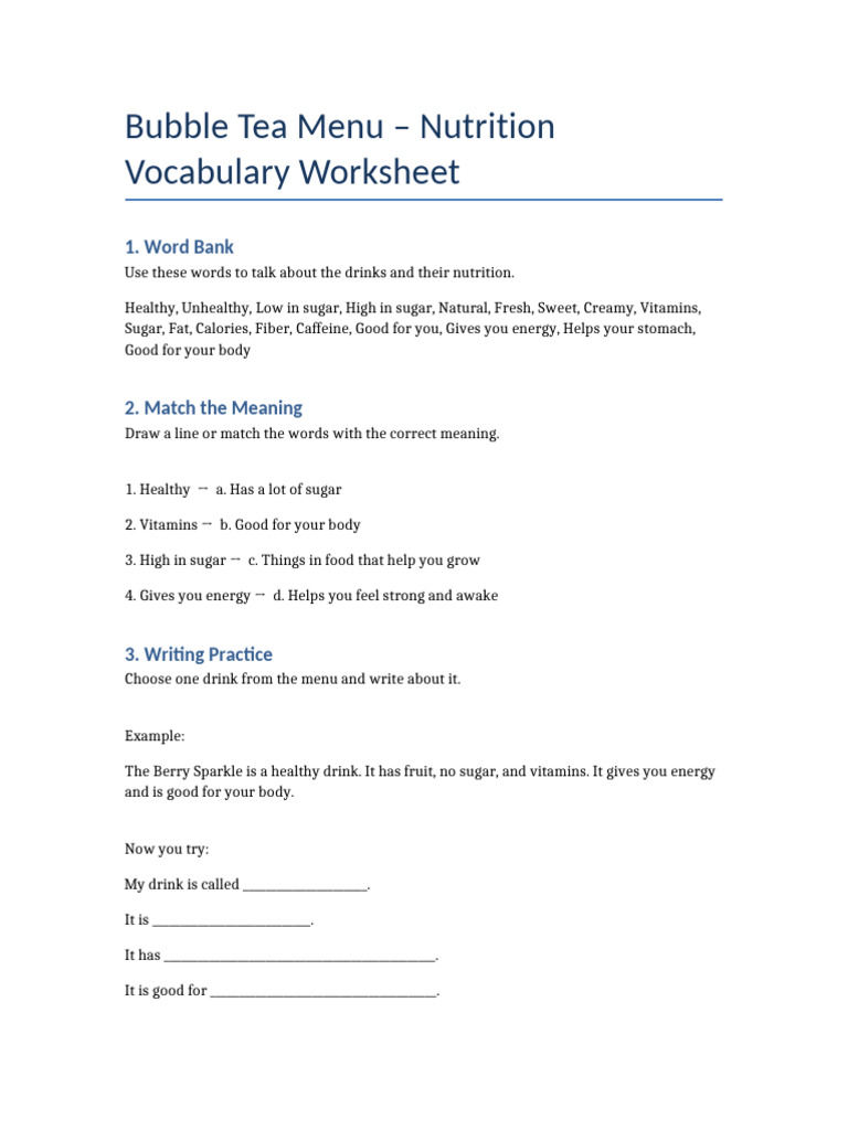 Bubble Tea Nutrition Vocabulary Worksheet | PDF