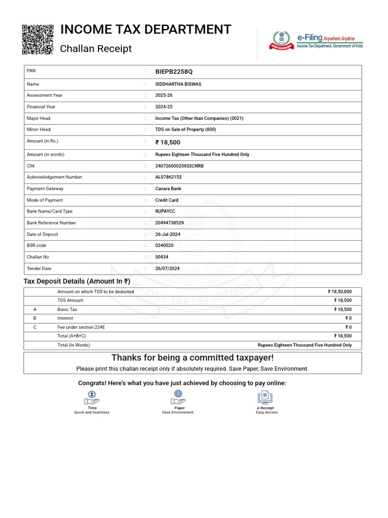 Income Tax Challan Receipt 2024-25 | PDF | Rupee | Taxes
