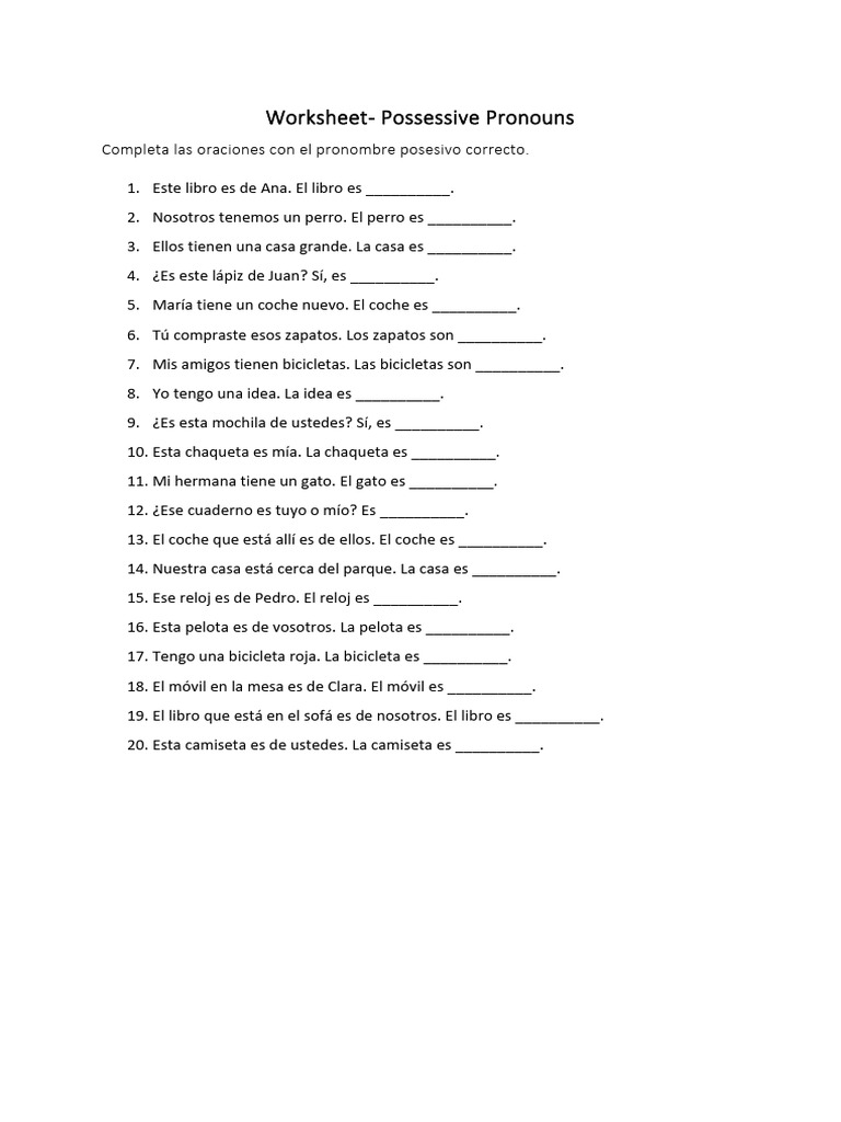Ejercicios de Pronombres Posesivos | PDF